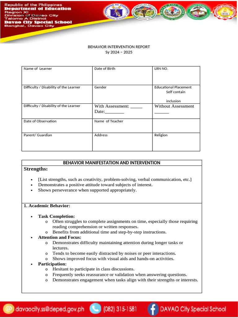 Behavior Intervention Report Blank Form | PDF | Learning ...