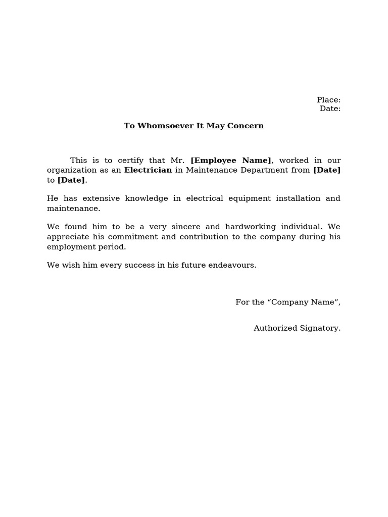 Electrician Work Experience Certificate | PDF