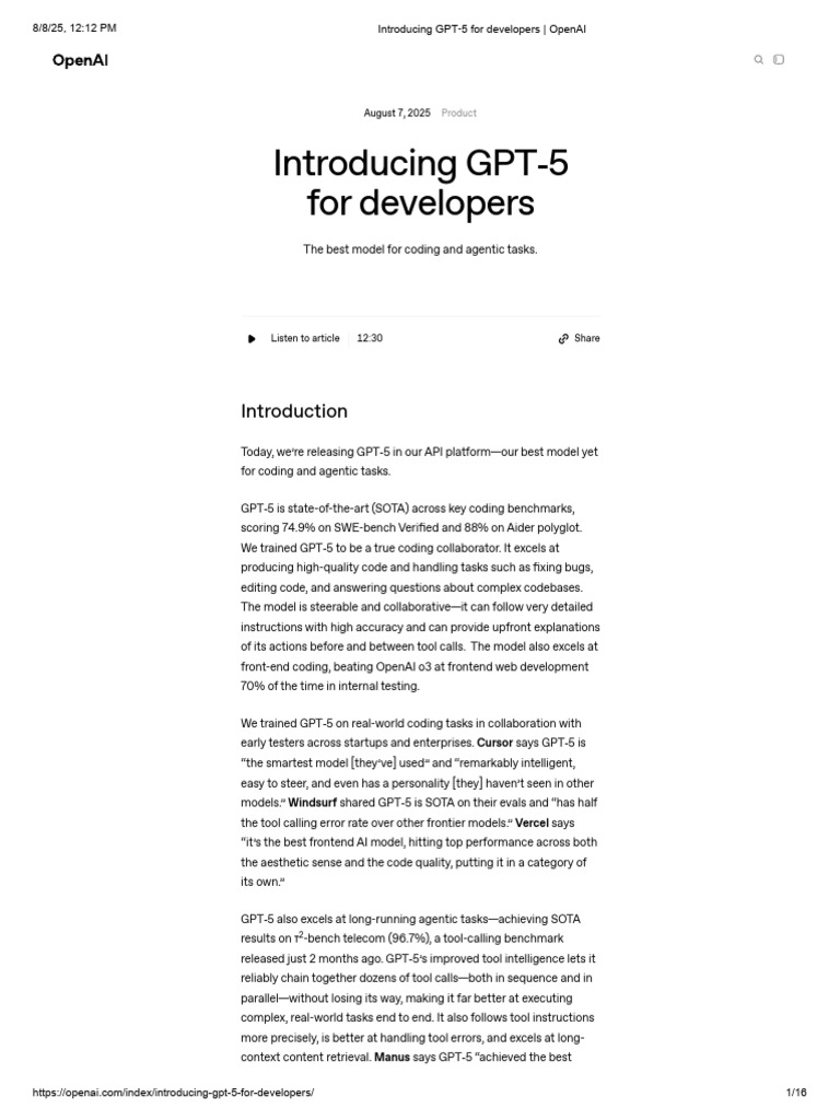 Introducing GPT 5 For Developers - OpenAI | PDF | Sky