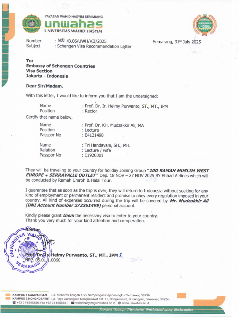 (Pak Mudzakkir) Schengen Visa Recomendation Letter 001 | PDF