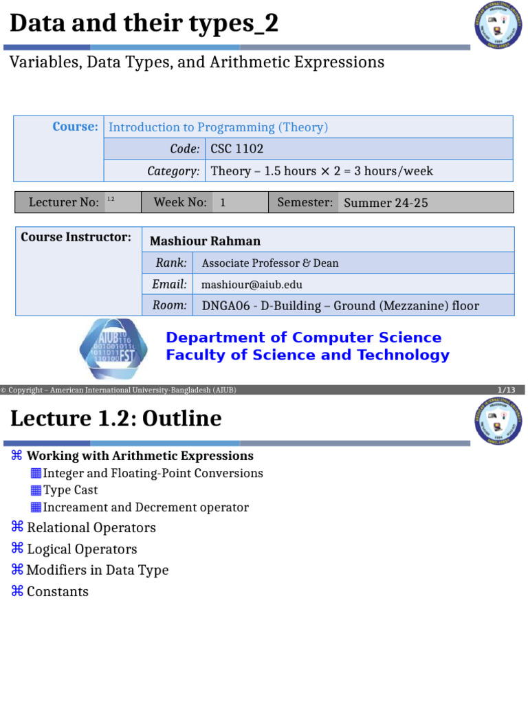Data Types and Operators in Programming | PDF | Integer (Computer ...