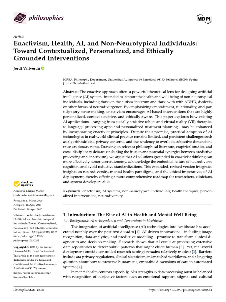 Enactivism Health AI and NonNeurotypical Individuals Toward ...