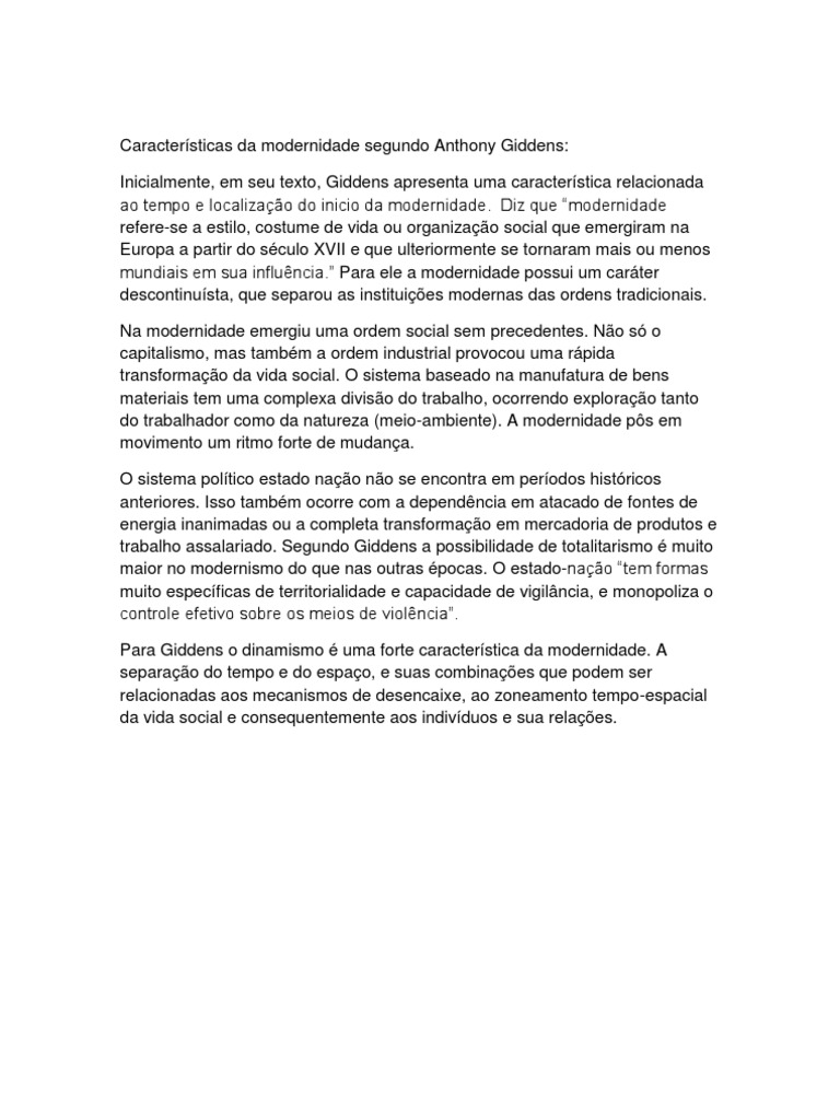Anthony Giddens - Trabalho de Sociologia | PDF | Modernidade | Sociologia