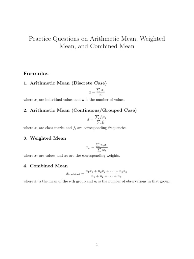 FYBCom Means Practice Questions | PDF | Mean | Weighted Arithmetic Mean