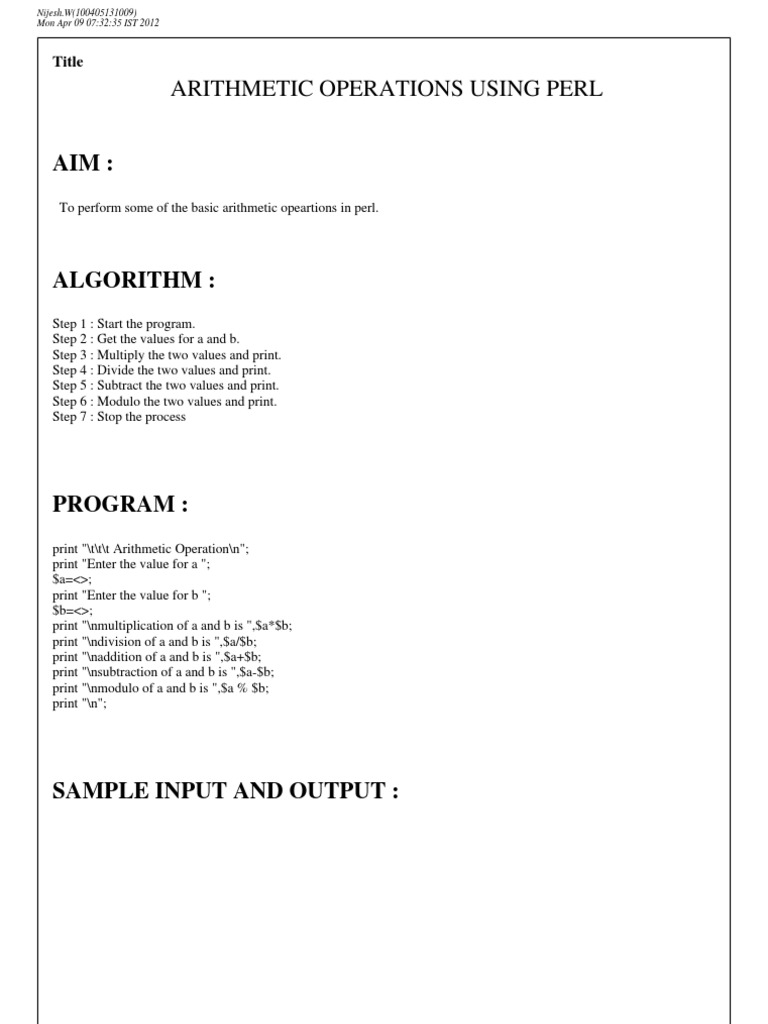 Arithmetic Operations Using Perl: Title | PDF
