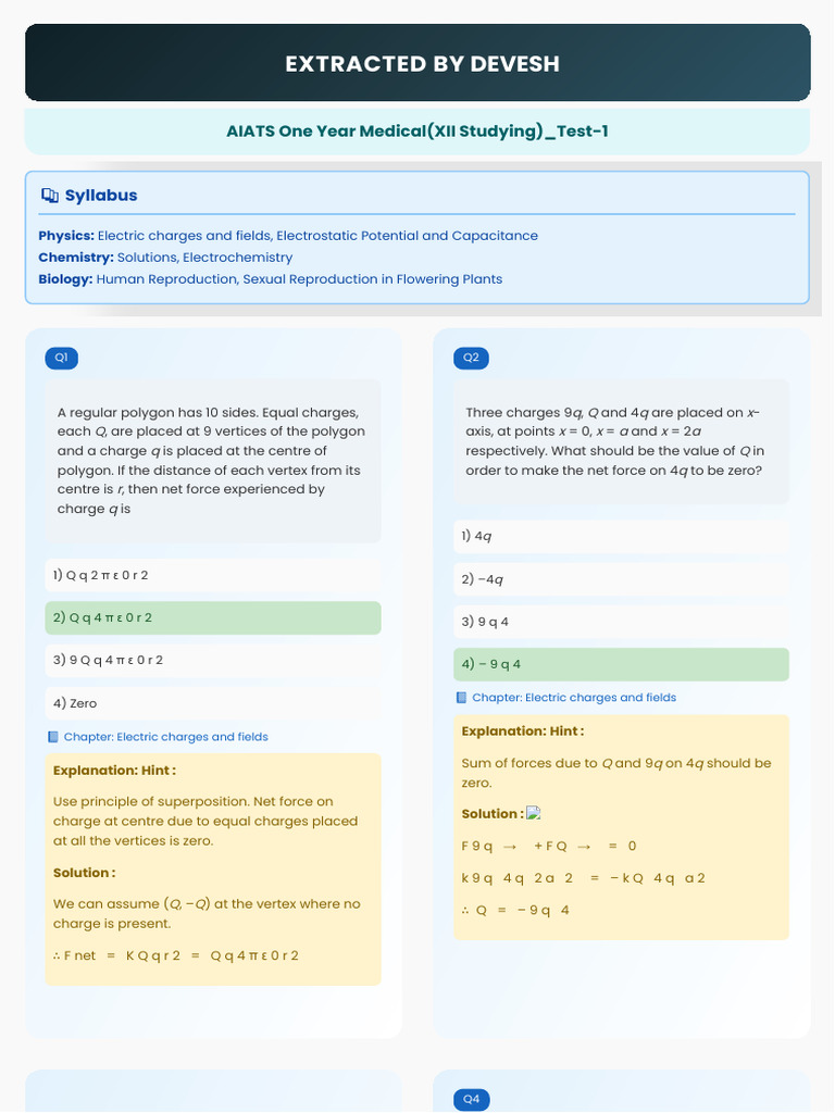 Aiats 1 Oym 2025 by Devesh | PDF | Capacitance | Electric Field