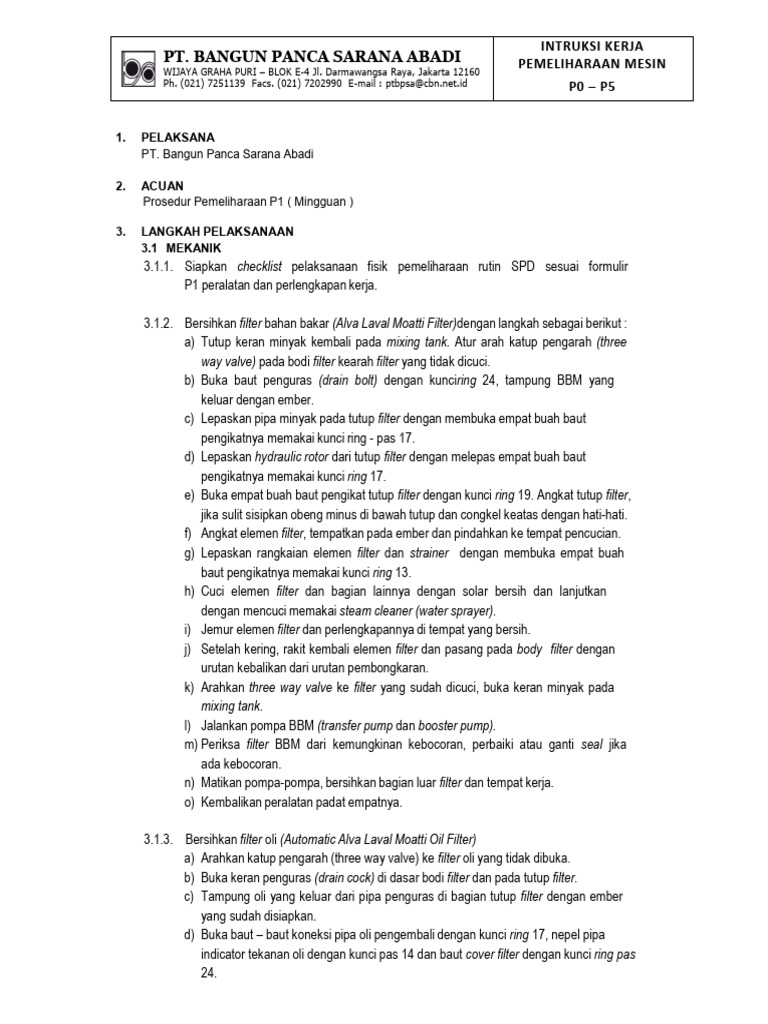 Instruksi Pemeliharaan Mesin P1 | PDF