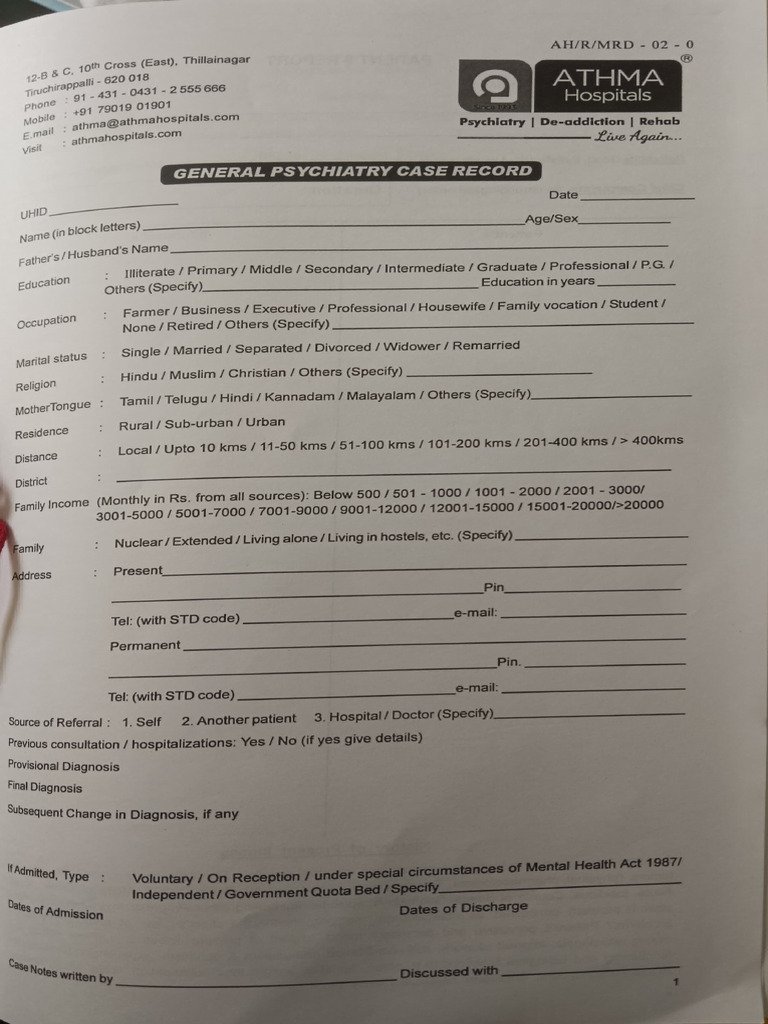 Psychiatric Assessment Case Record | PDF | Mental Disorder | Attention ...