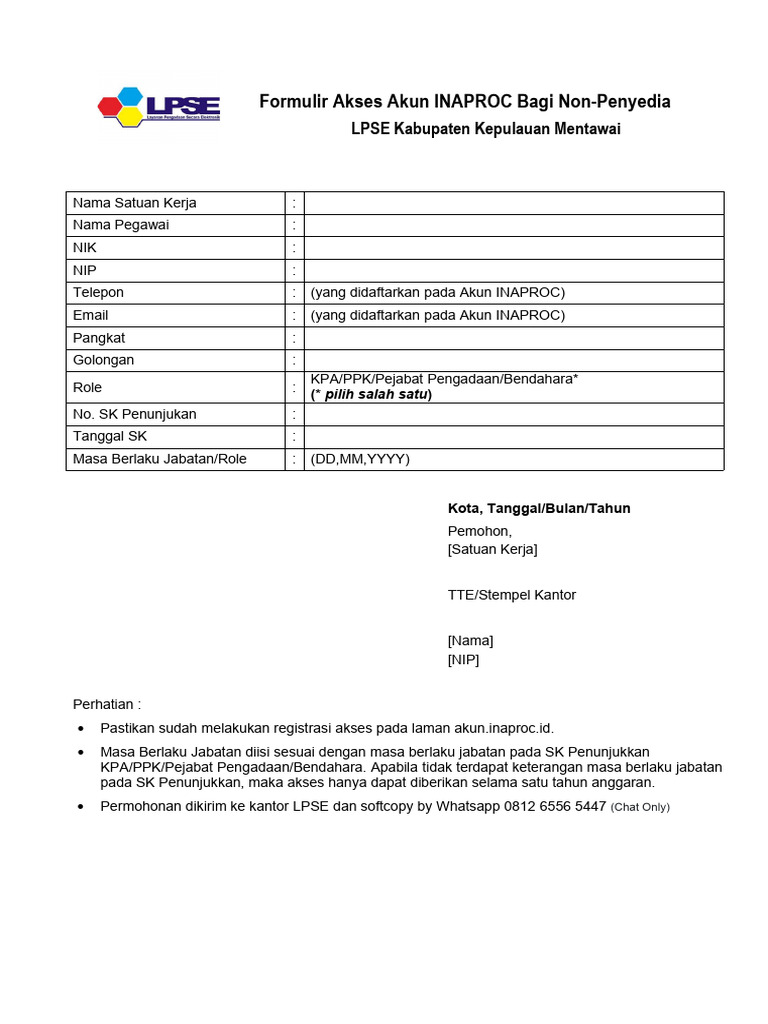 Formulir Akses Akun INAPROC Bagi Non-Penyedia | PDF