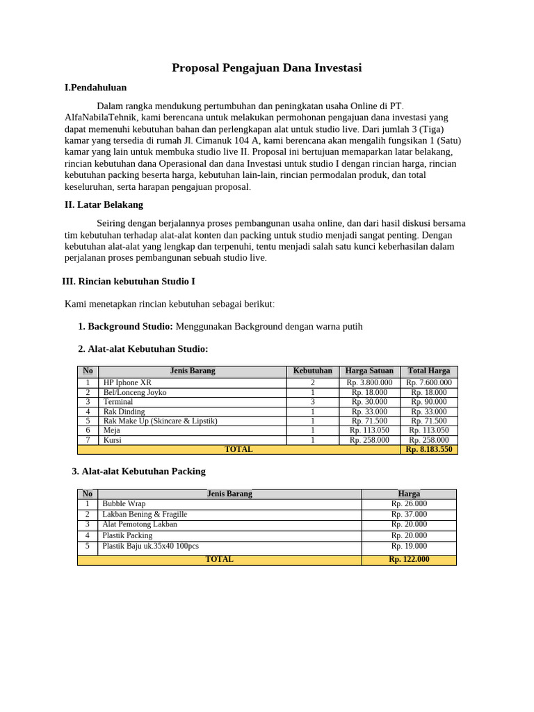 Proposal Pengajuan Dana Investasi (Offline) | PDF