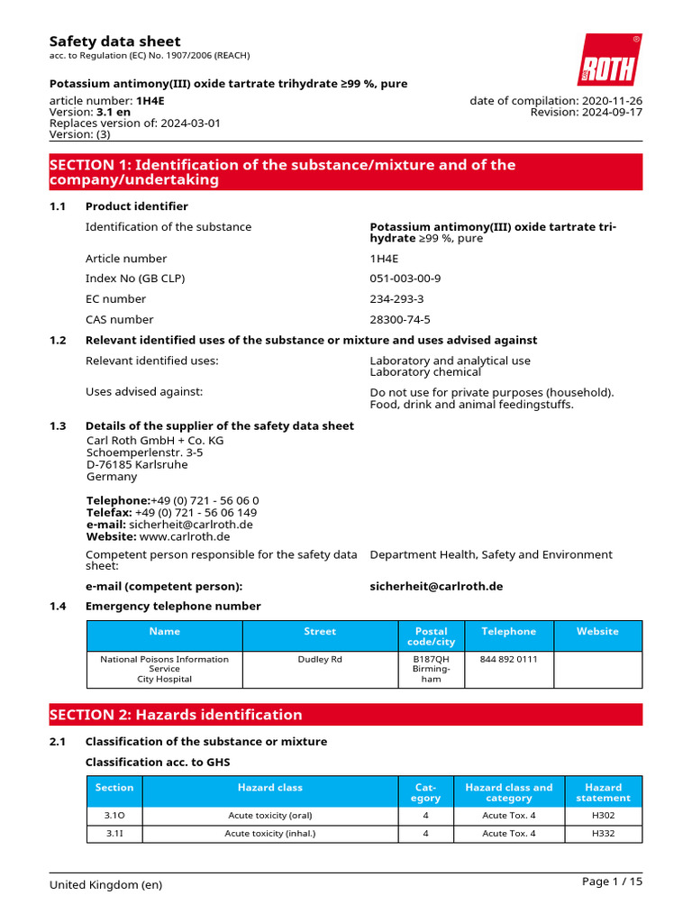 Potassium Antimony Oxide Tartrate SDS | PDF | Dangerous Goods | Waste