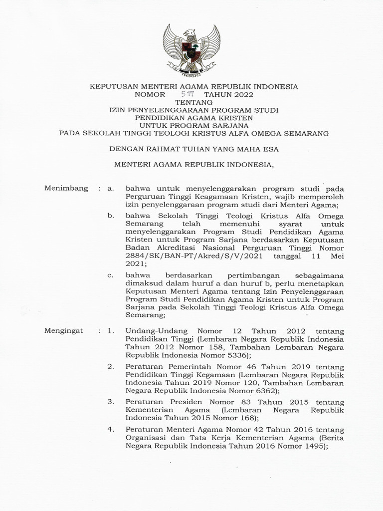 83kma 517 Th. 2022 Tentang Izin Prodi Pak s1 STT Kristus Alfa Omega Semarang | PDF