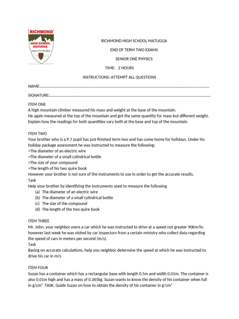 Senior One Physics Exam Guide | PDF