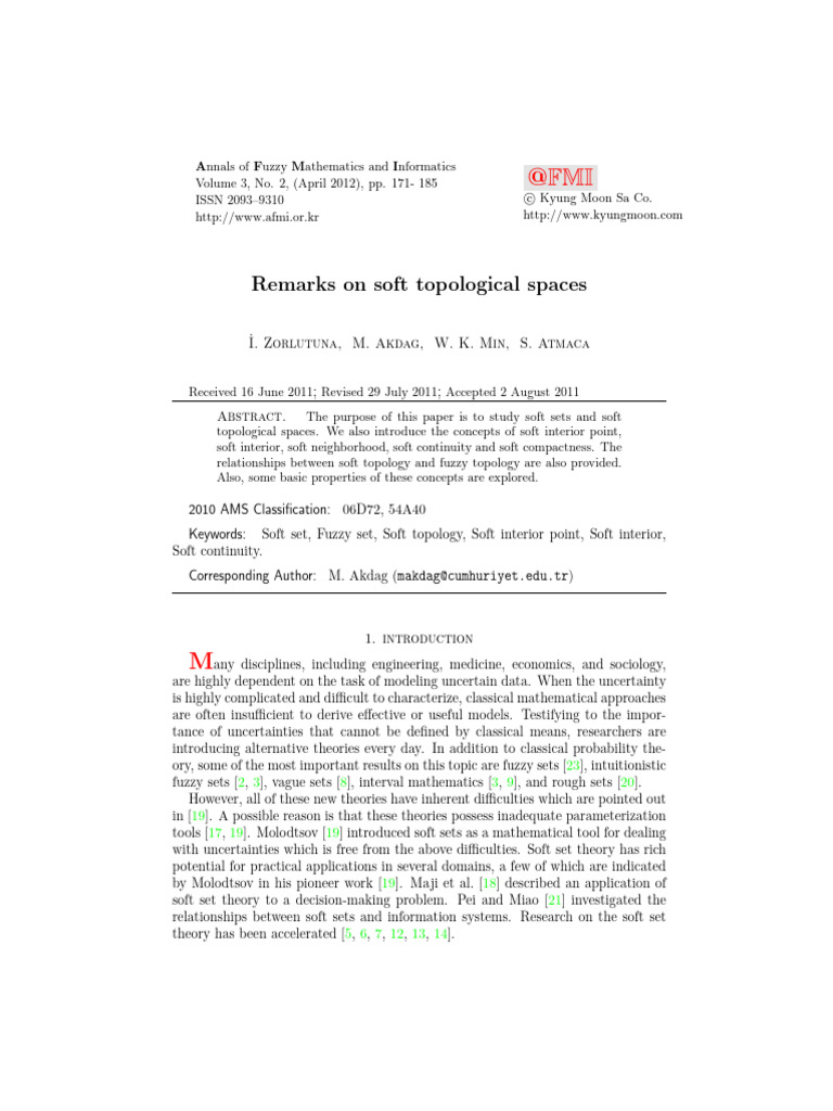 Soft Topological Spaces Explained | PDF | Compact Space | Continuous ...