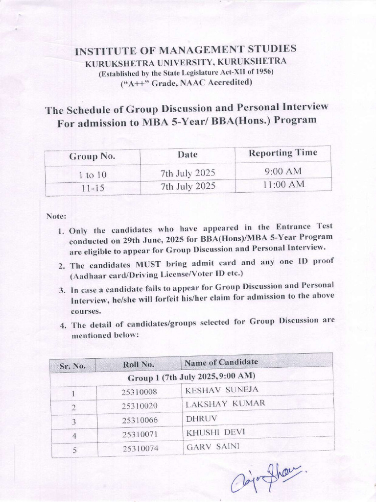 GD and Interview Schedule For BBA and MBA 5 Year | PDF