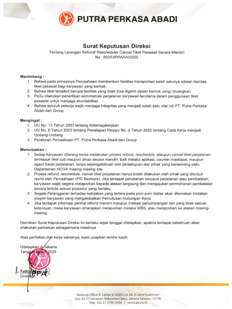 SK Direksi No 603 Tentang Larangan Refund, Reschedule, Cancel Tiket ...