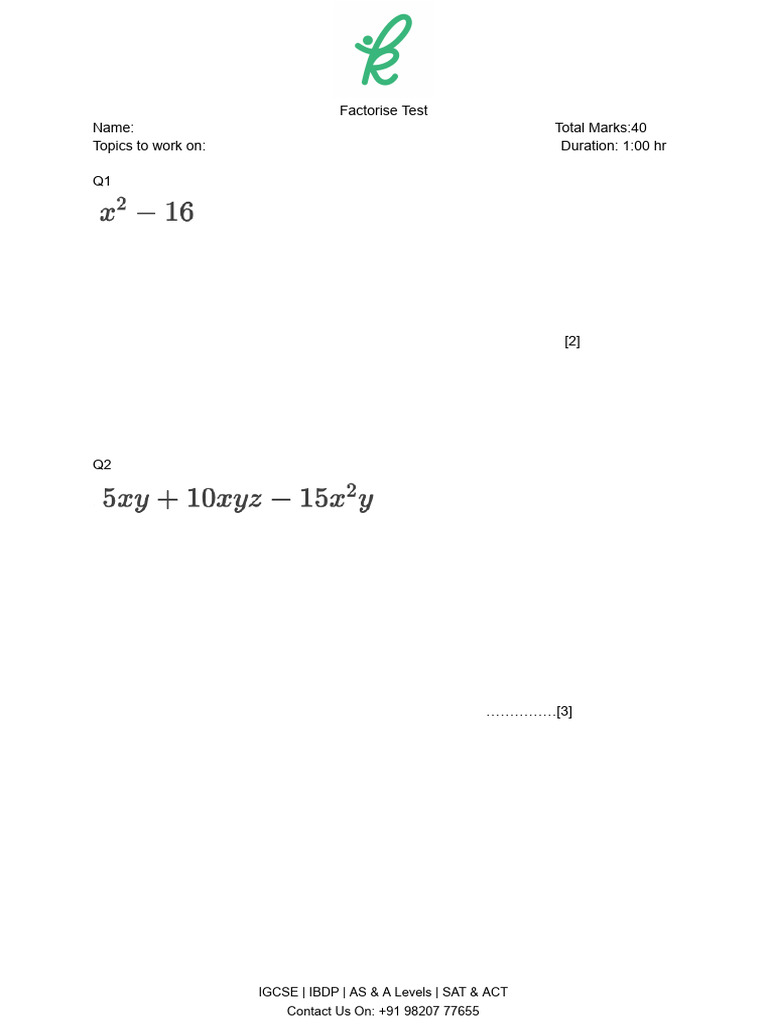 Factorise Test 40m | PDF