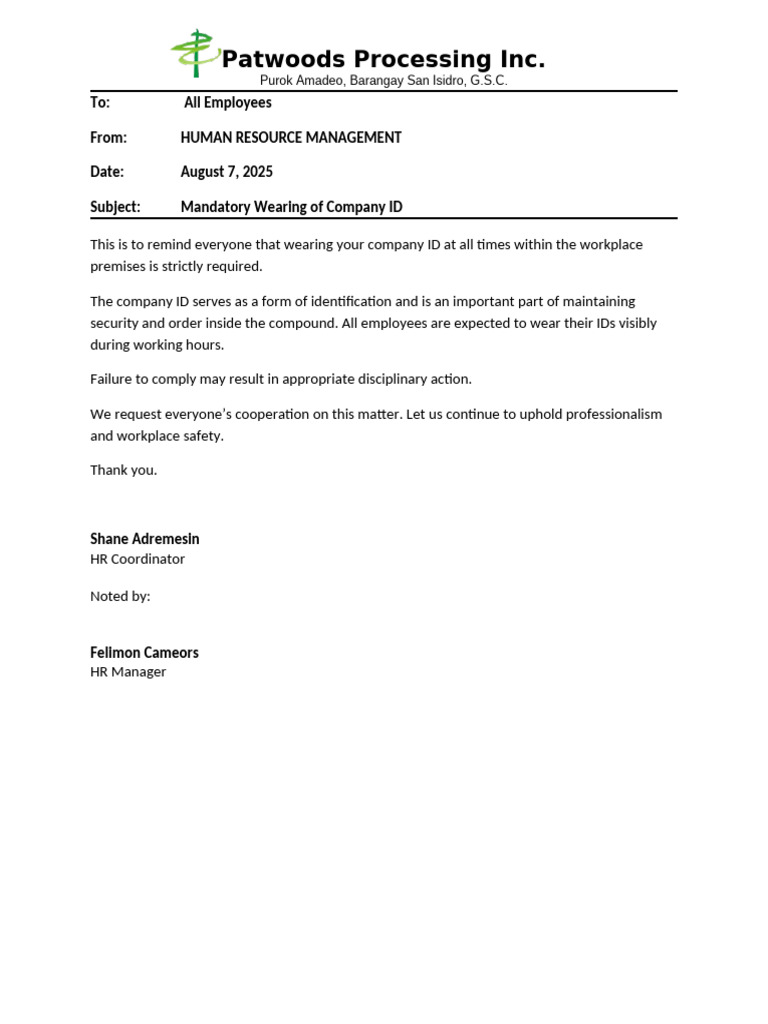 Mandatory ID Policy at Patwoods Processing | PDF