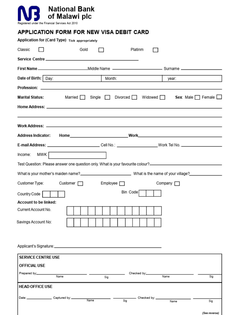 Application Form For New Visa Debit Card | PDF