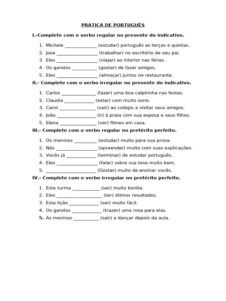 Prática de Verbos em Português | PDF