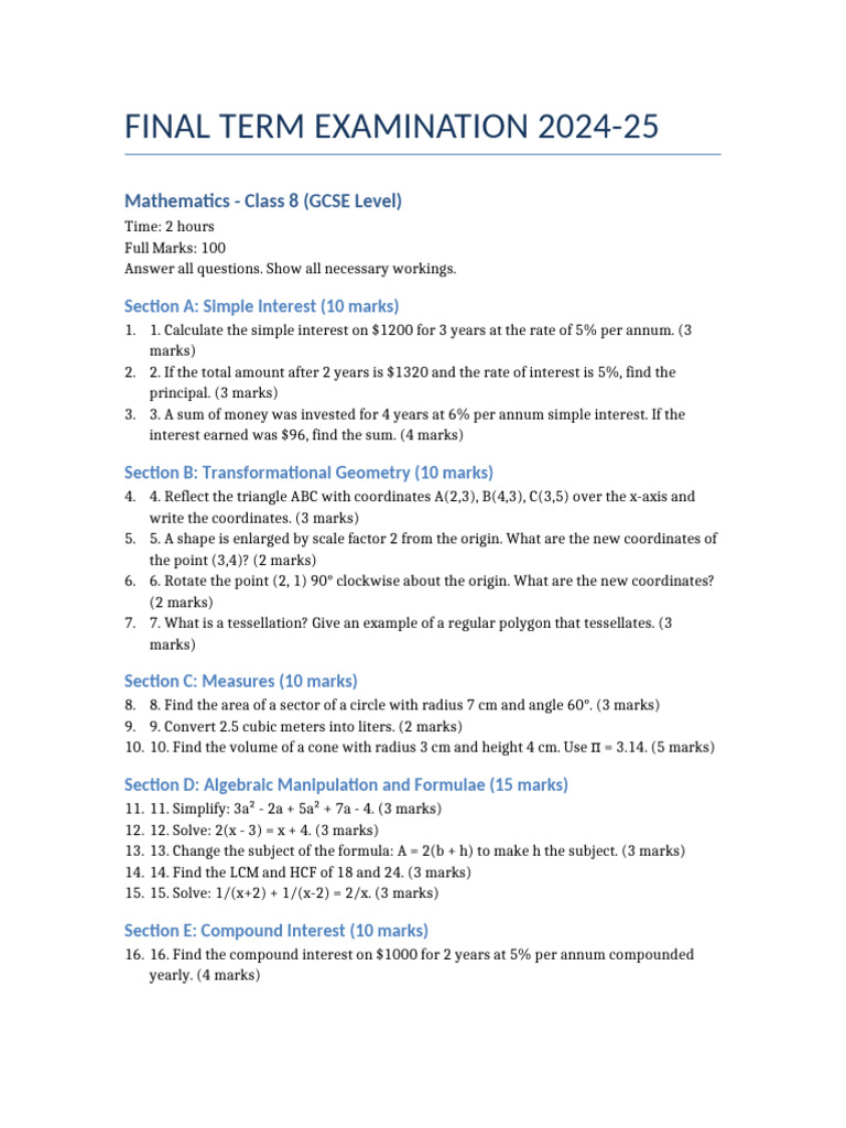 Grade 8 Math Final Exam 2024-25 | PDF | Compound Interest | Area