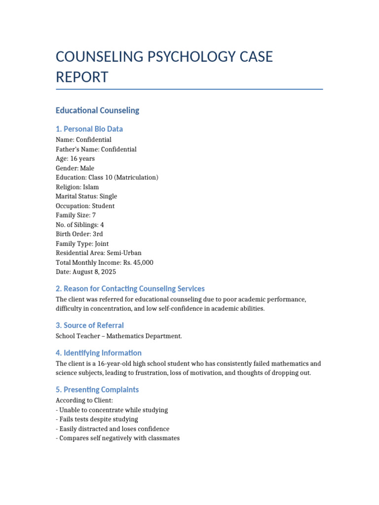 Educational Counseling Case Report | PDF | Anxiety | Self Concept