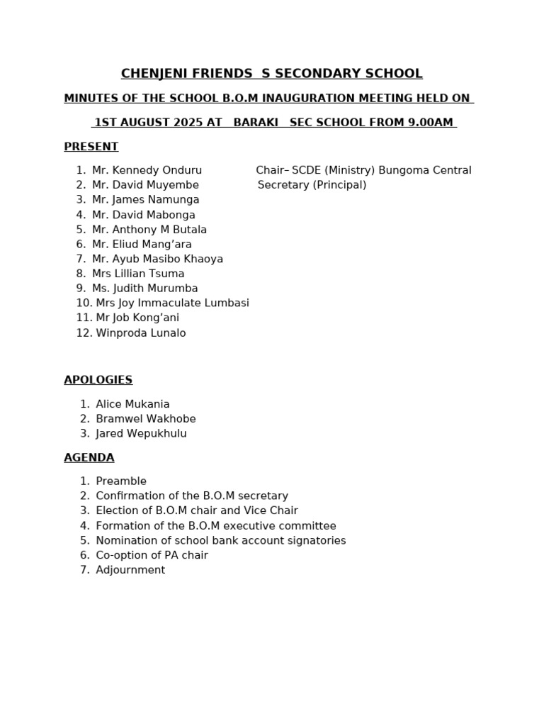 BOM Inauguration Minutes - Aug 2025 | PDF
