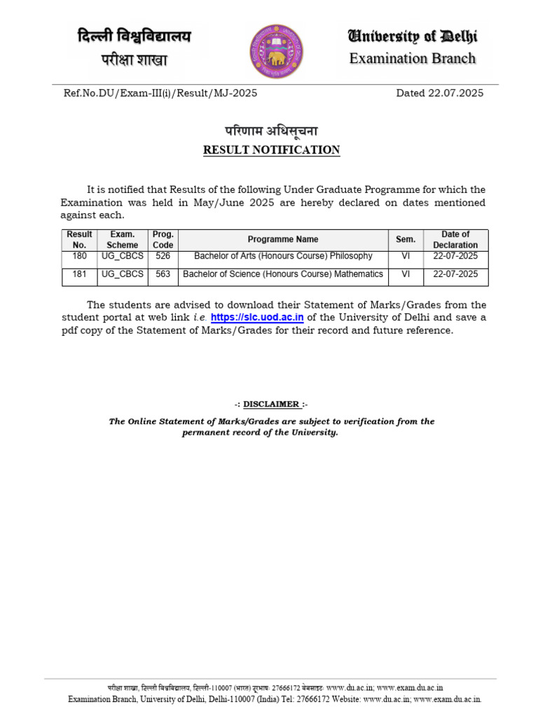 परी ा शाखा Examination Branch: University of Delhi | PDF