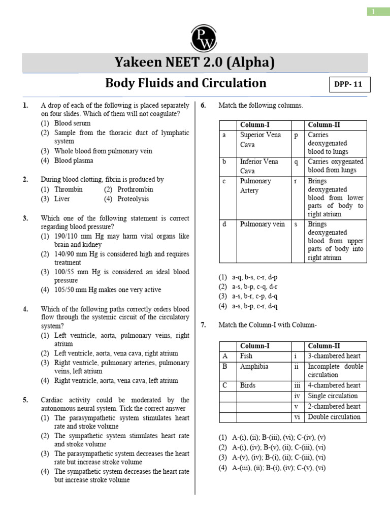 64b79866cd40b800189dfc63 ## Body Fluids and Circulation DPP 11 Yakeen | PDF | Heart ...