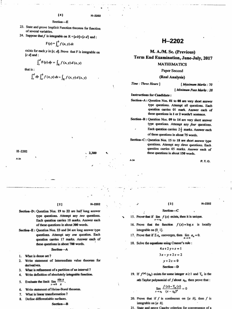 Ma MSC 1 Year Mathematics Real Analysis H 2202 Jul 2017 | PDF ...
