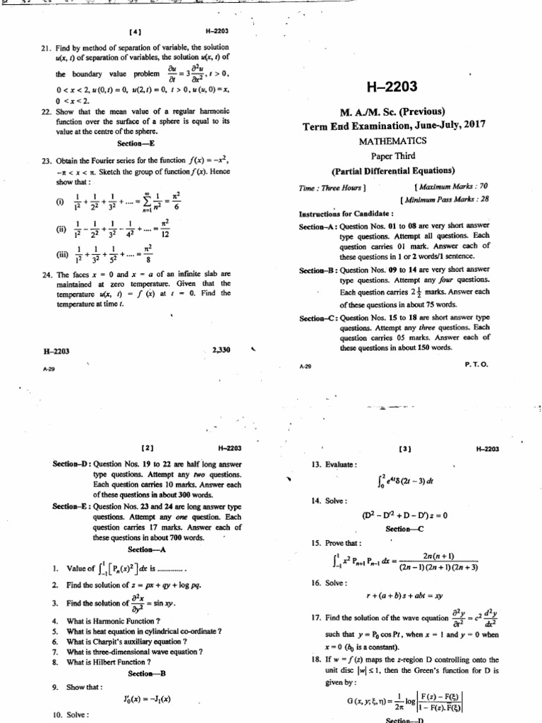 Ma MSC 1 Year Mathematics Partial Differential Equations H 2203 Jul ...