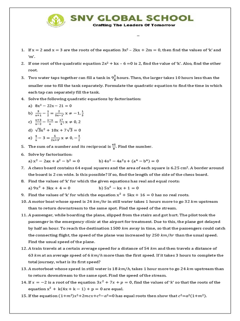 Grade 10 Quadratic Equations Worksheet | PDF | Chess Theory | Chess