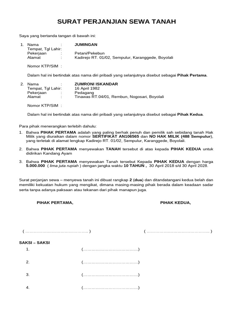 Contoh Surat Perjanjian Sewa Tanah | PDF