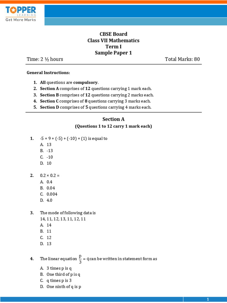 7 Cbse Maths Sa1 Sp02 | PDF | Mathematics | Elementary Mathematics
