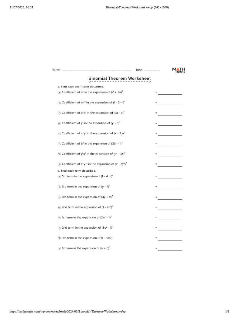 Binomial Theorem Worksheet | PDF