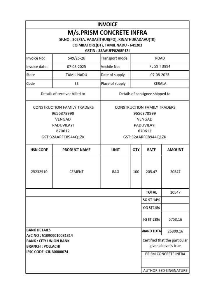 M/S.Prism Concrete Infra: Invoice | PDF