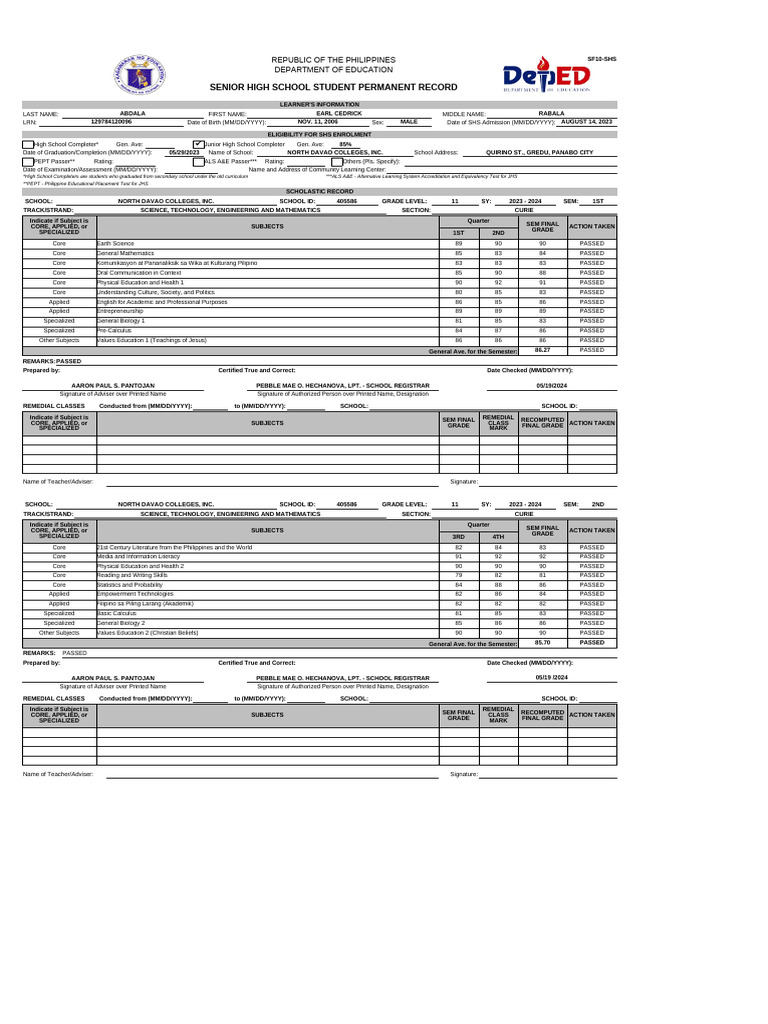 Form-137-Stem Grade 11- Curie - Abdala, Earl Cedrick r. | PDF | Middle ...
