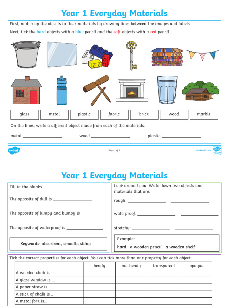 Year 1 Everyday Materials Activity Mat | PDF | Materials