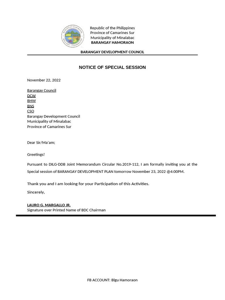Minalabac Barangay Special Session Notice | PDF