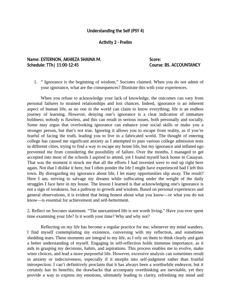 Understanding The Self - Activity 2 - Prelim-ESTERNON | PDF | Wisdom ...