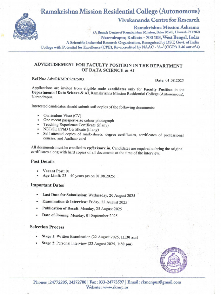 Advertisement For The Post of Faculty Position in Dept of Data Science ...