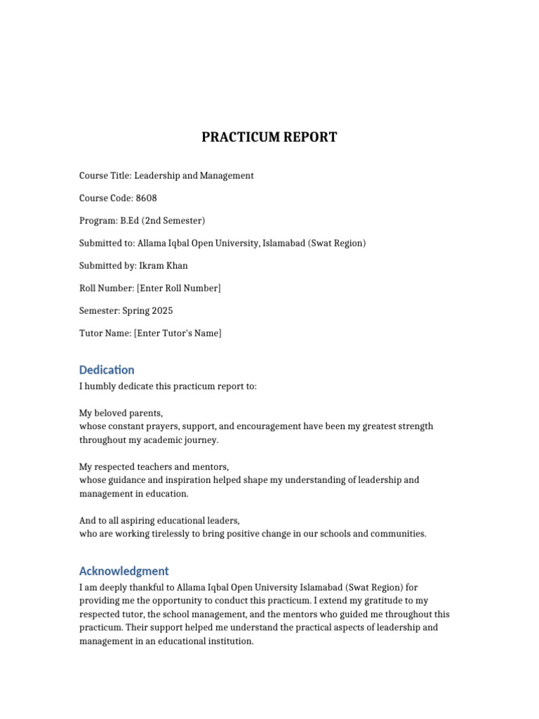 Practicum Report Leadership Management AIOU | PDF | Leadership | Teachers