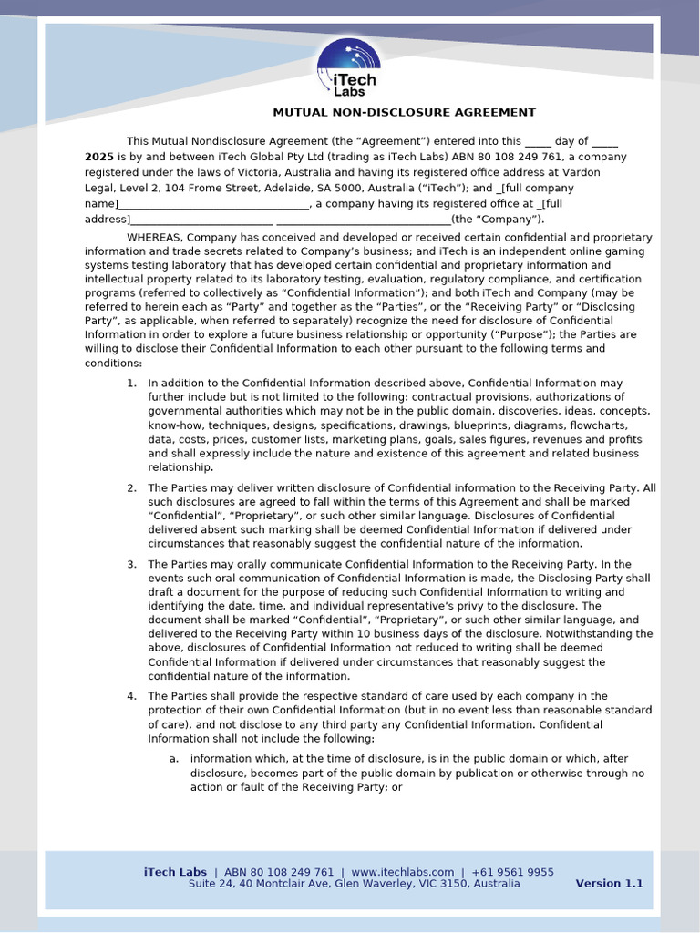 iTech Labs MNDA Agreement 2023 v1.1 | PDF | Trade Secret | Breach Of ...