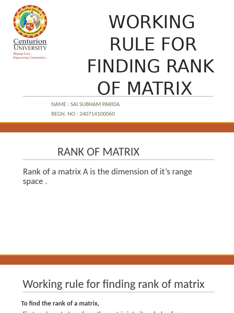 9. Working Rule for Finding Rank of Matrix[1].Pptx MUKUL | PDF