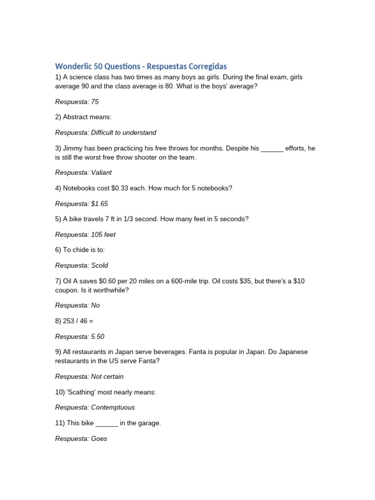 Wonderlic Test Answers Explained | PDF