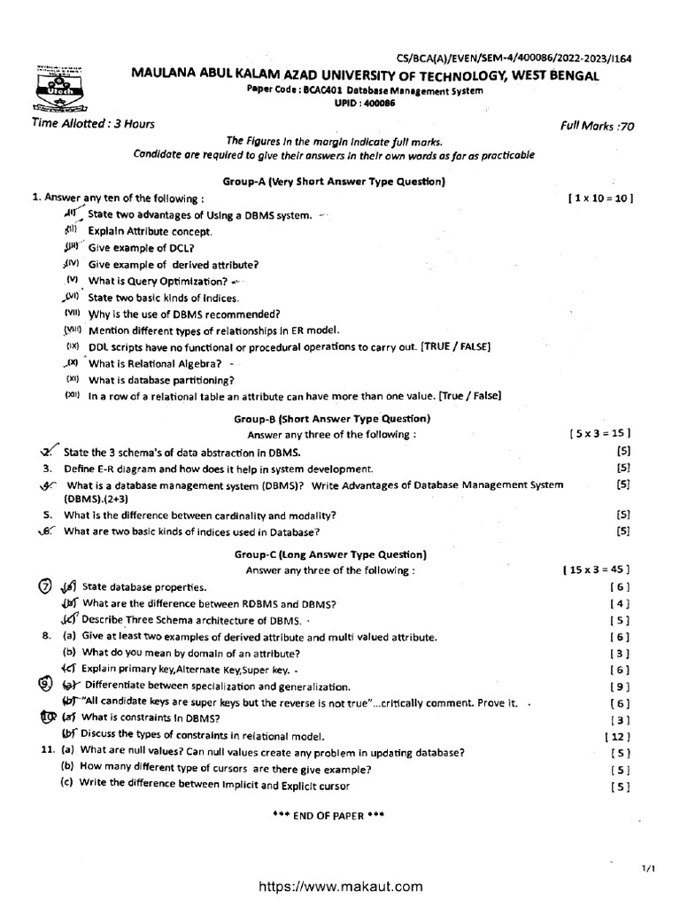 DBMS Previous Year Question | PDF