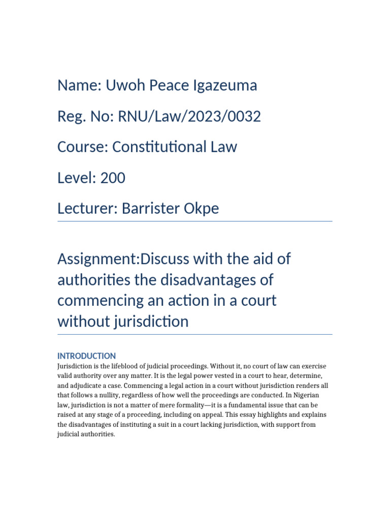 Disadvantages of Action Without Jurisdiction Uwoh Peace | PDF ...