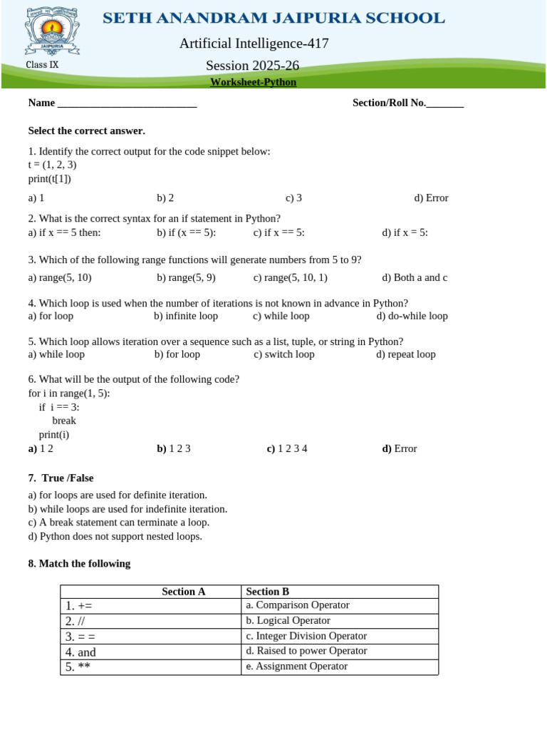 Python Worksheet for Beginners | PDF | Control Flow | Python (Programming Language)
