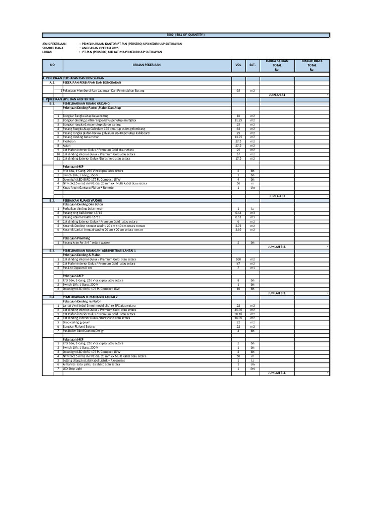 BOQ Lelang Pek. Pemeliharaan Kantor PT - PLN (Persero) UP3 Kediri ULP ...