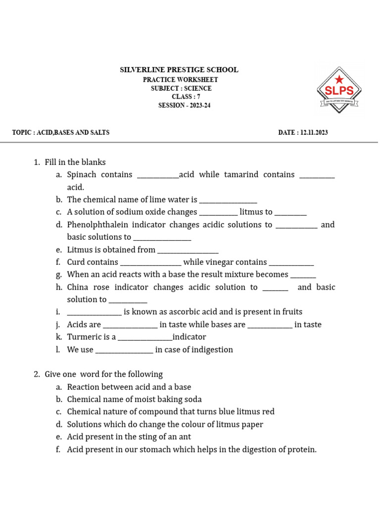 CL 7 - CH5 - ACIDS, BASES AND SALTS - WORKSHEET | PDF | Acid | Sodium Bicarbonate